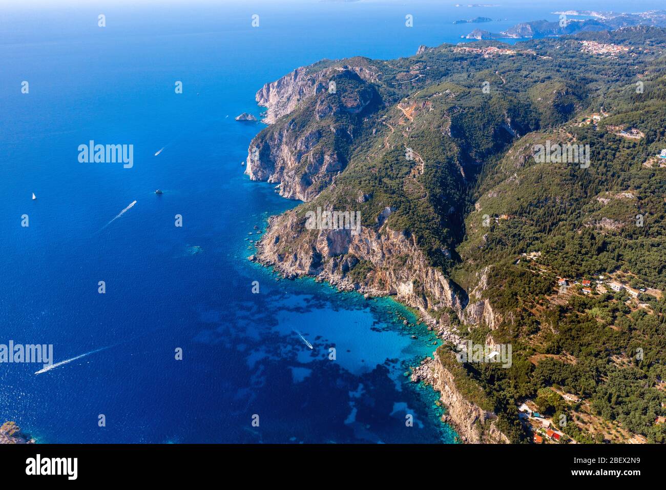 Aerial of mediterranean sea coast of Greece. Corfu island from air ...