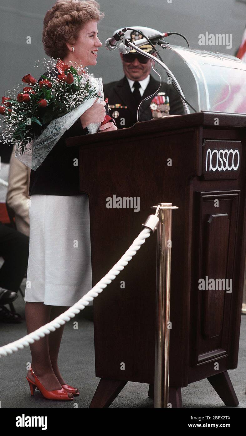 1982 - Ship's sponsor Betty Evan Murray speaks to the guests attending ...
