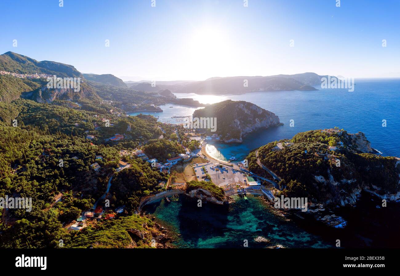 Aerial landscape of beautiful Corfu island coast. Beaches and lagoons ...
