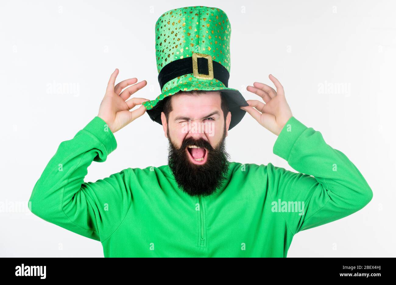 Myth of leprechaun. Happy patricks day. Man bearded hipster wear green ...