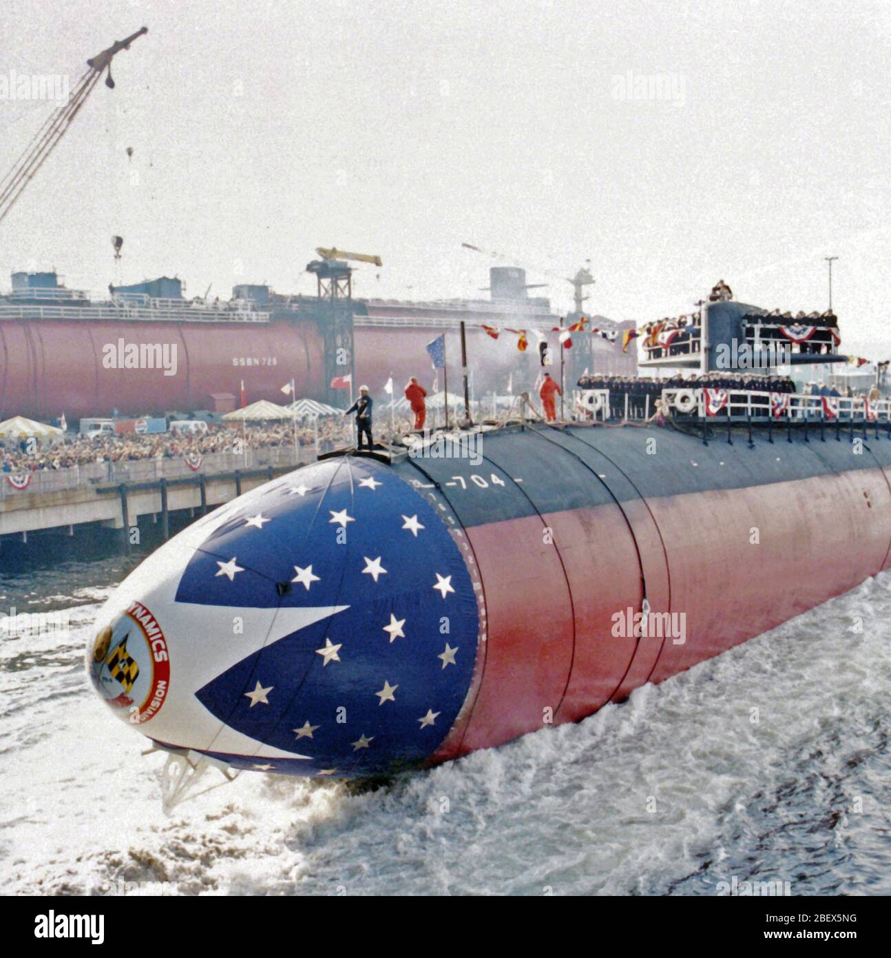 1982 - A port bow view of the Los Angeles class nuclear-powered attack submarine BALTIMORE (SSN ...