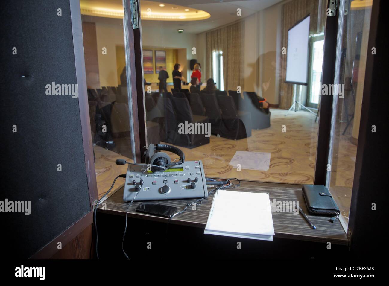 translators cubicle . interpreting - Microphone and switchboard in an ...