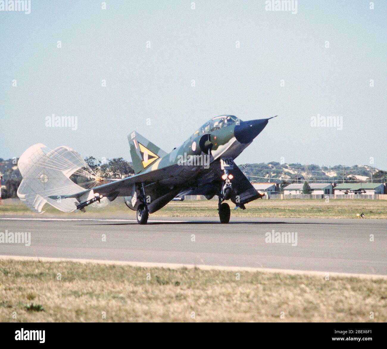 1980 - A right front view of a Royal Mirage aircraft landing with a ...