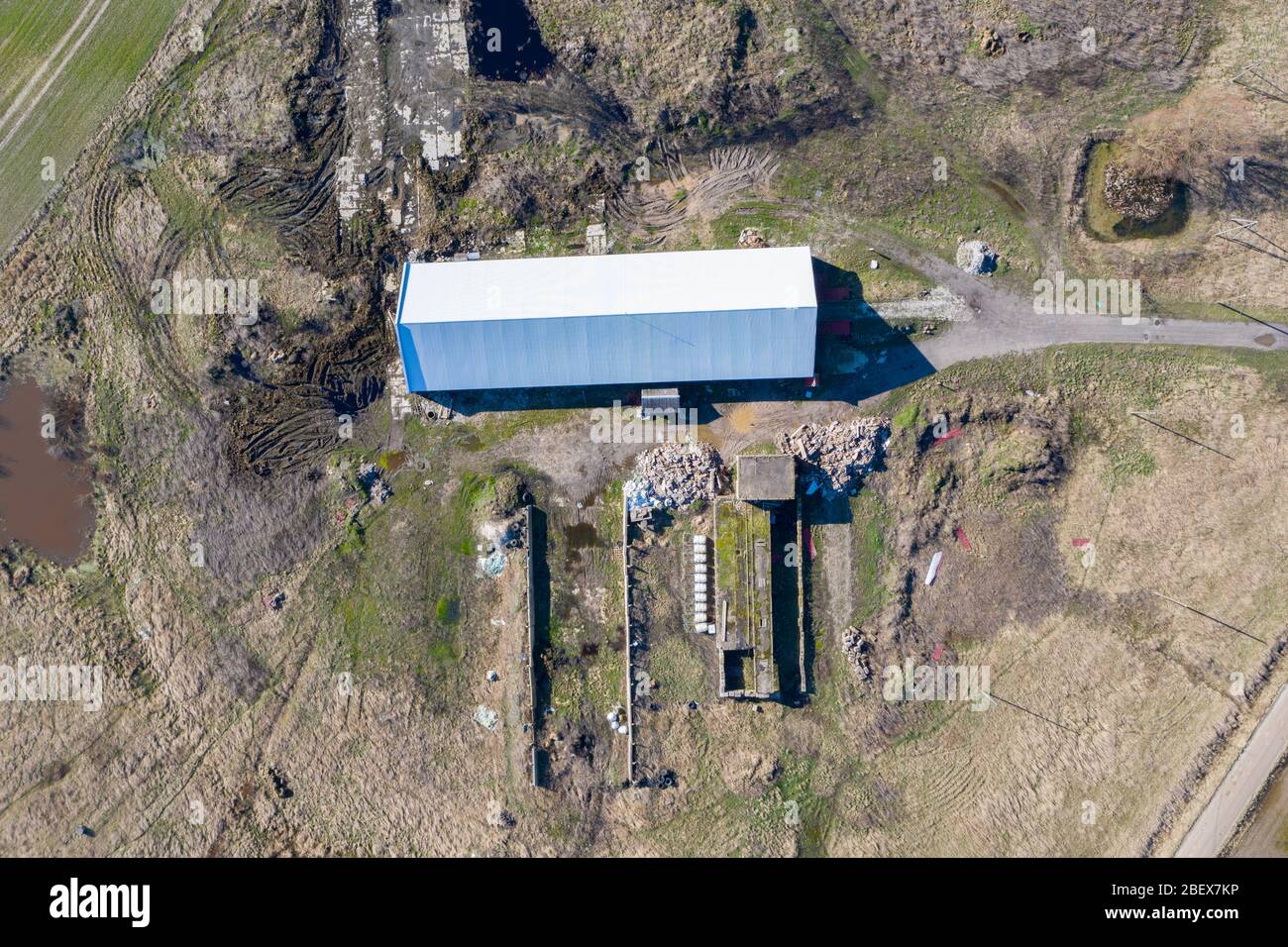Aerial top down view of countryside farm building. Autumn nature Stock ...