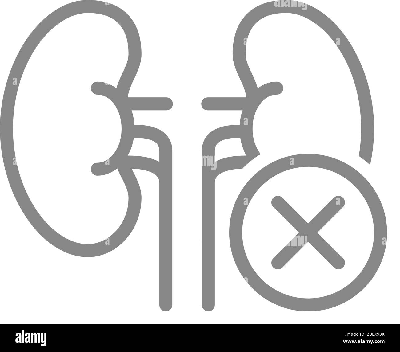 Kidneys with cross checkmark line icon. Diseased internal organ symbol ...