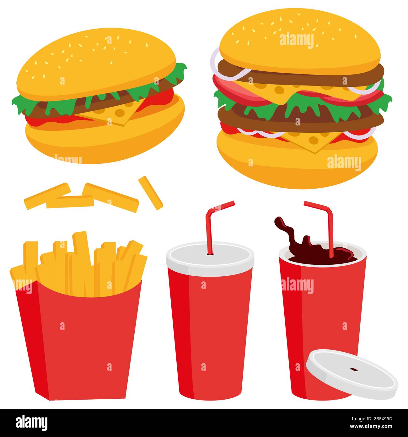 Fast food meal with hamburger, chips and soda. Cheese burger, fried ...