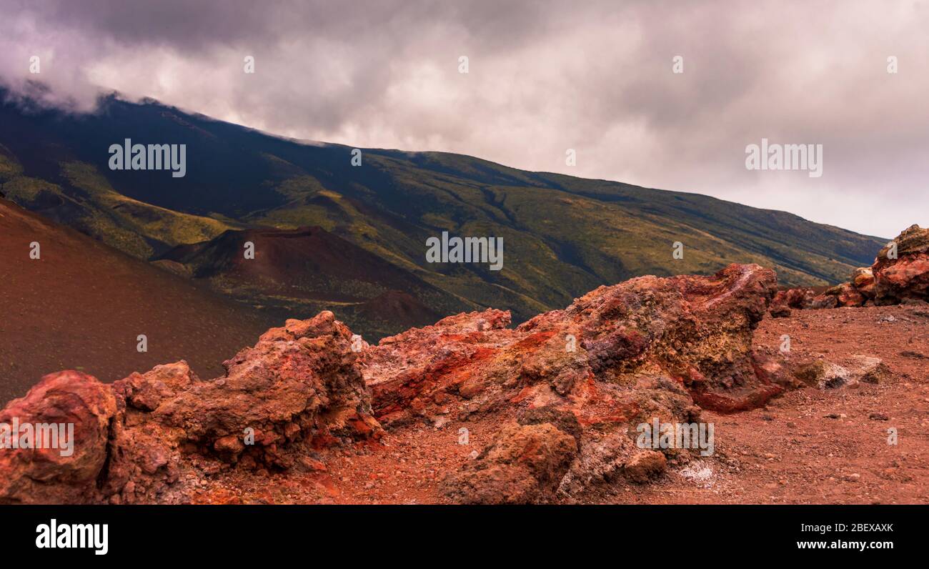 Dramatic sky over the beautiful landscape of Mount Etna, Sicily - the ...
