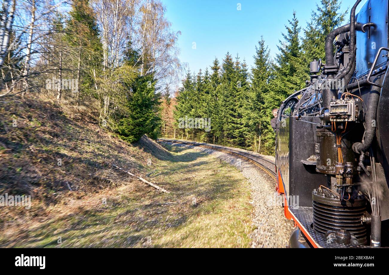 Steam locomotive in a curve. Dynamics through motion blur Stock Photo ...