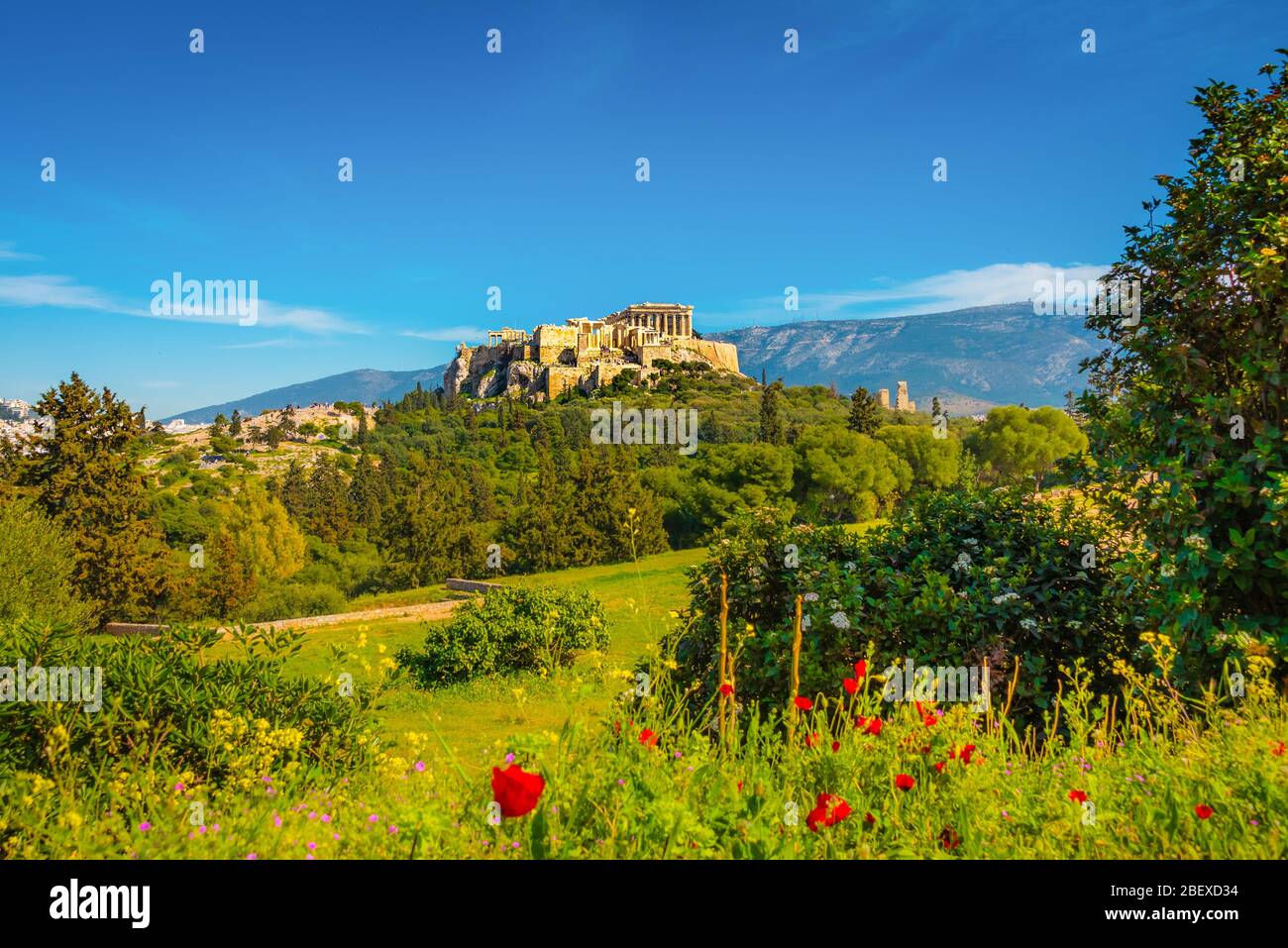 Incredible view of the Greek Acropolis during spring shot from the ...
