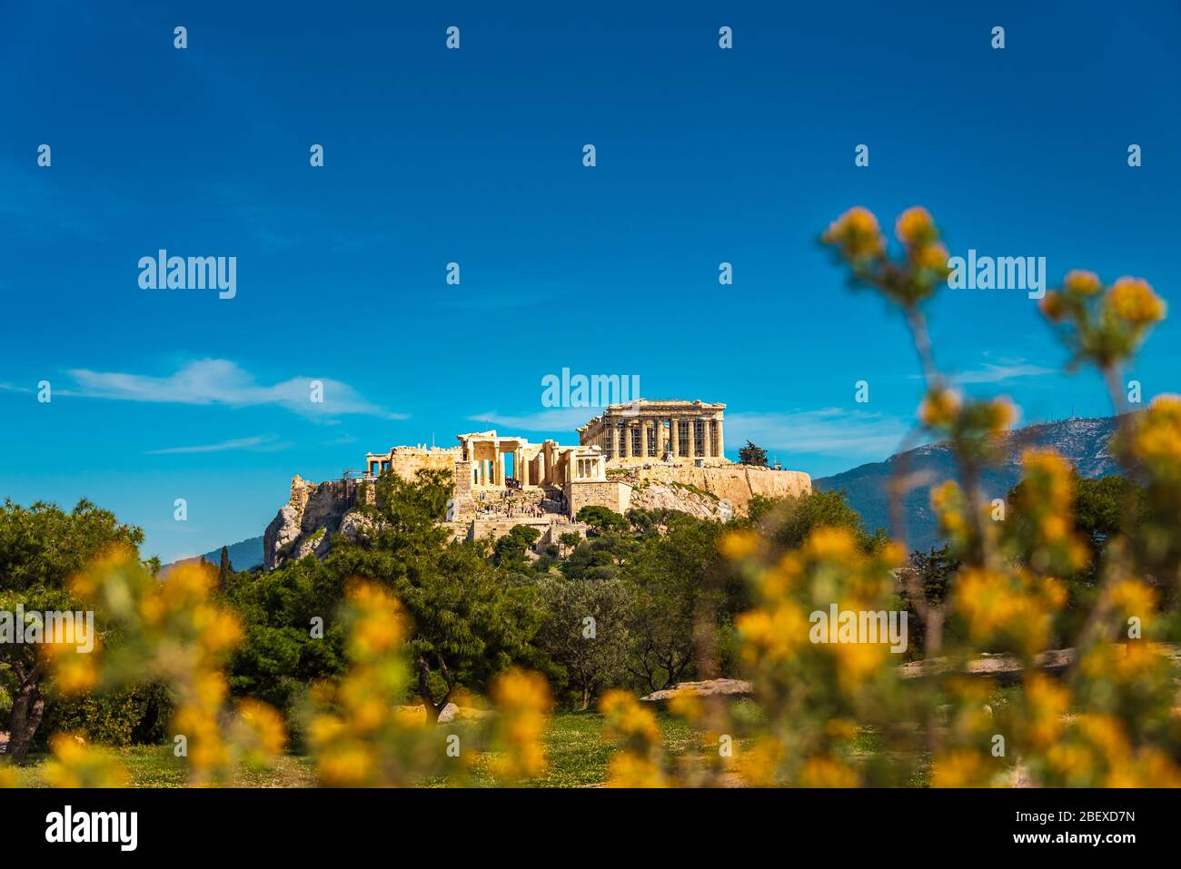 Incredible view of the Greek Acropolis during spring shot from the ...