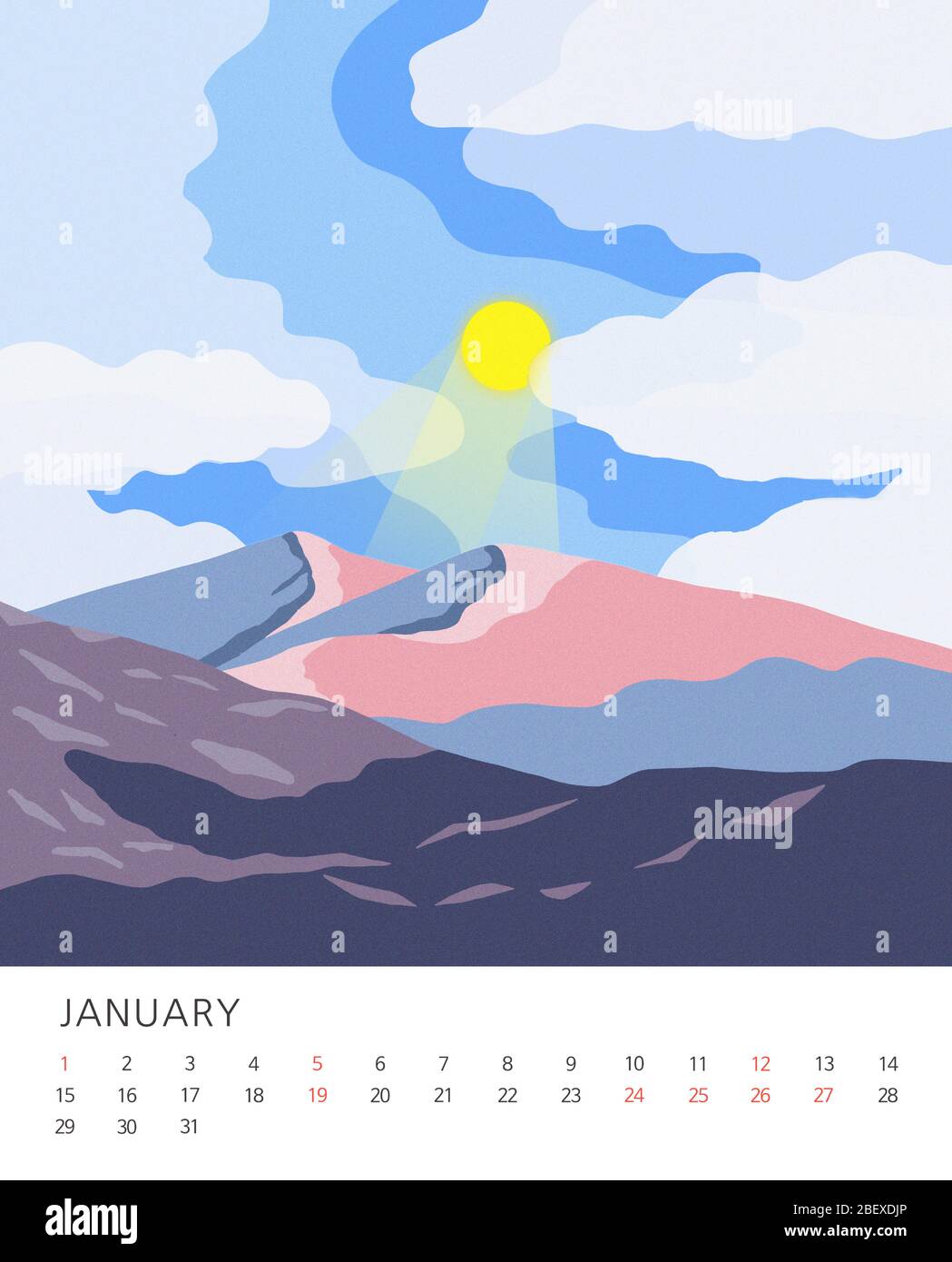 Monthly calendar template with beautiful seasonal scenery illustration ...