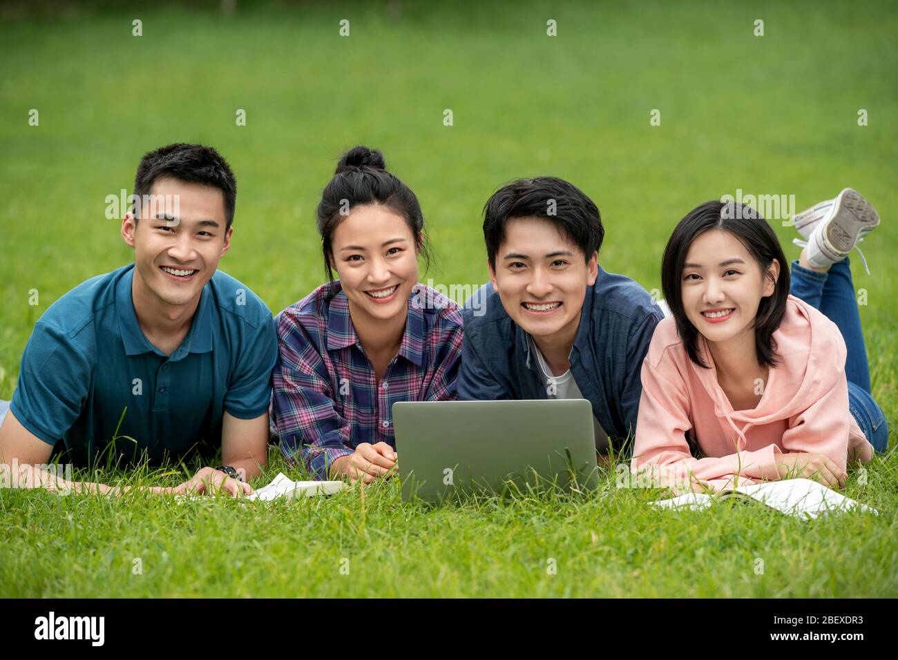 Happy learning of college students on grass Stock Photo - Alamy