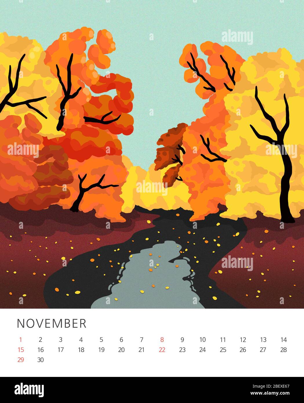 Monthly calendar template with beautiful seasonal scenery illustration ...