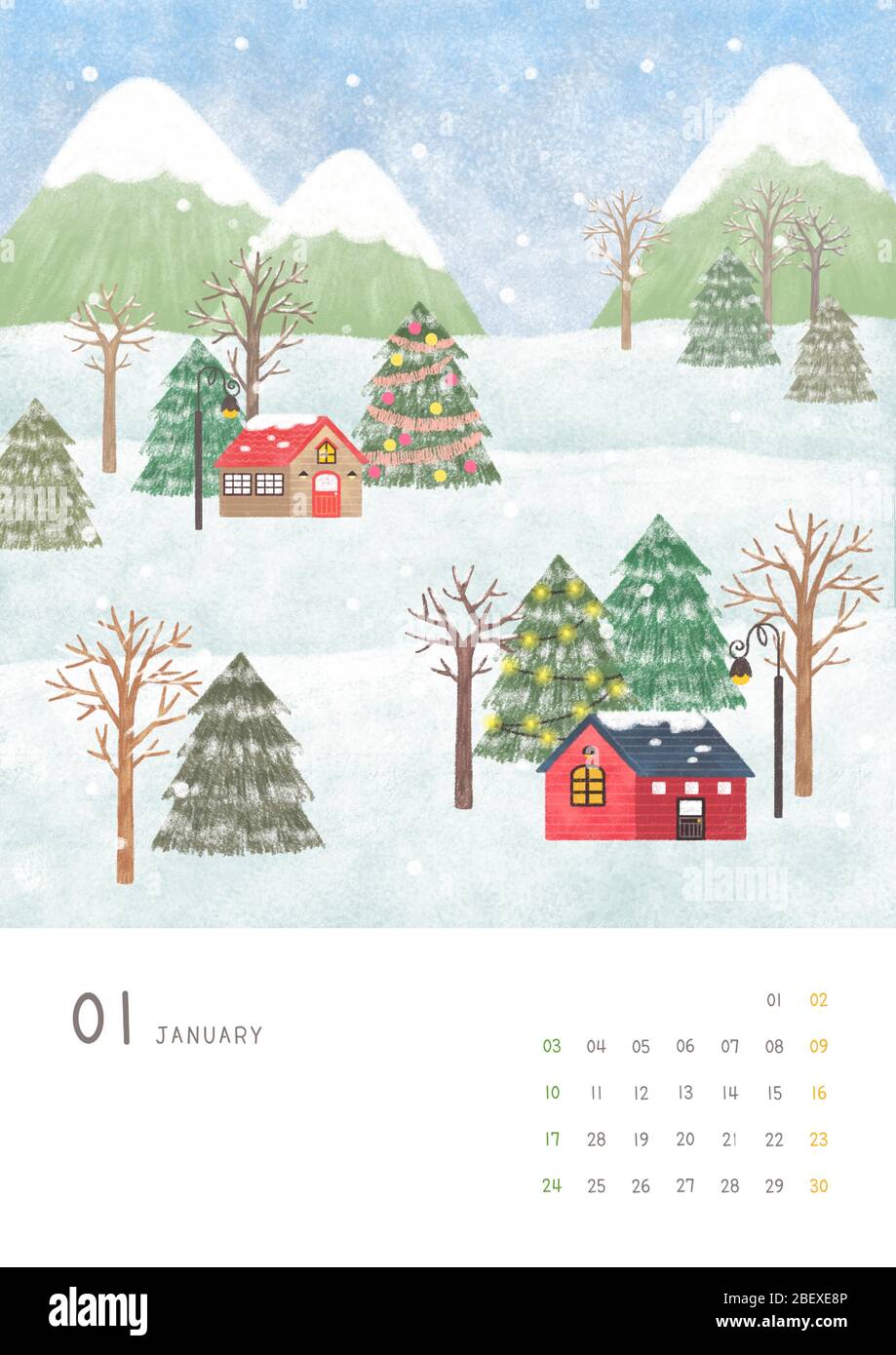 Monthly calendar template with seasonal landscape illustration. 001 ...