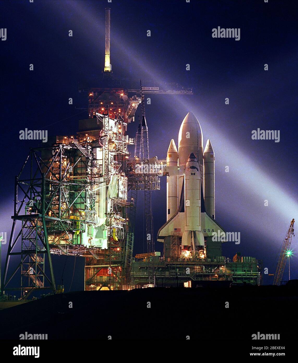 A timed exposure of the Space Shuttle, STS-1, at Launch Pad A, Complex ...