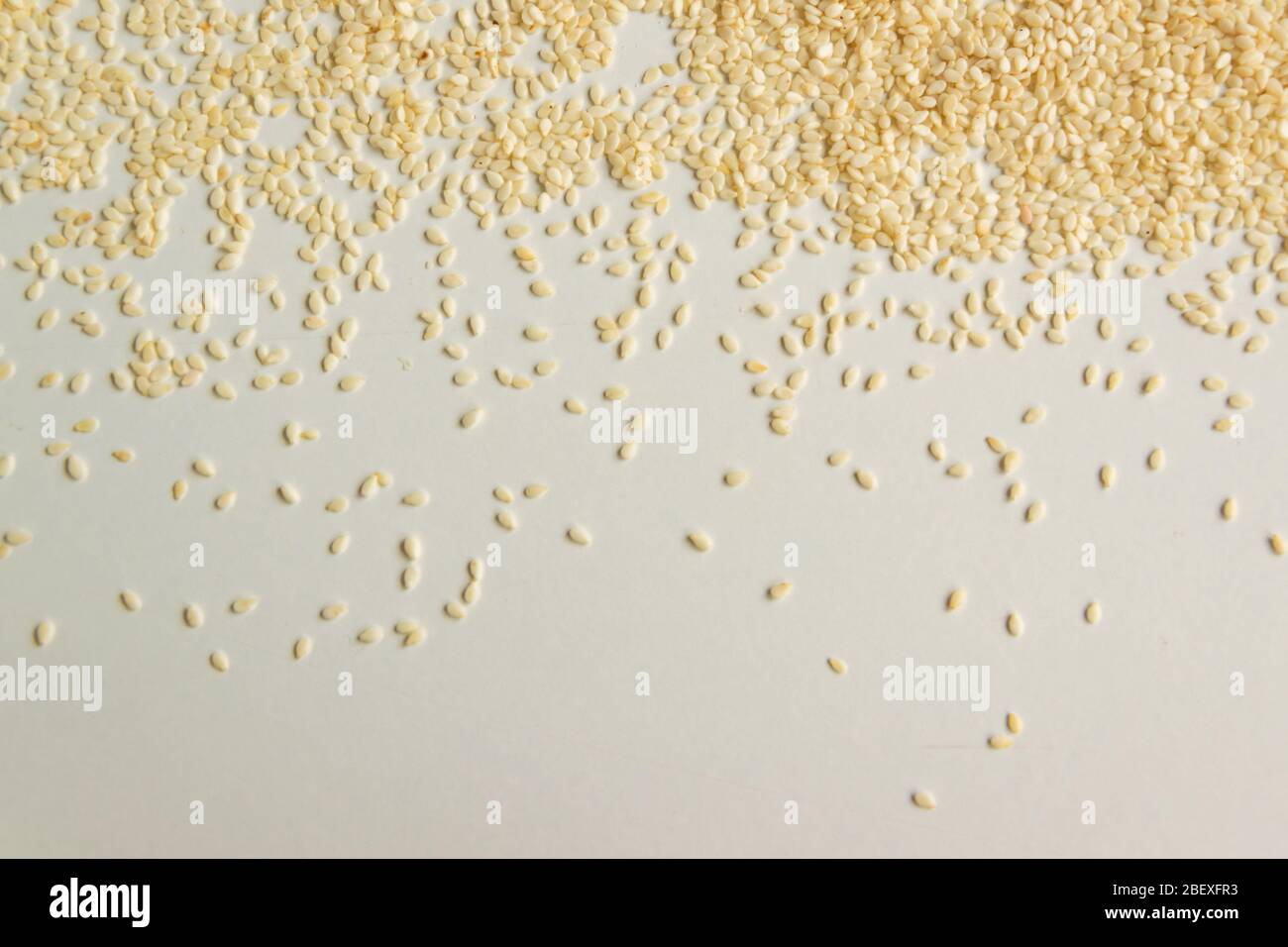 Close up view of dry sesame seeds on white background. Natural oil-rich ...