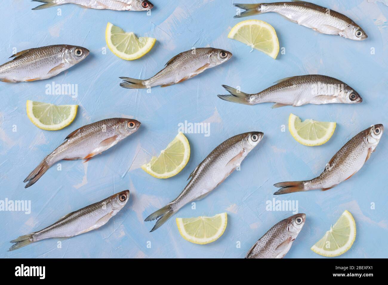 Pattern of small fish with lemon slices on a blue background, Top view ...
