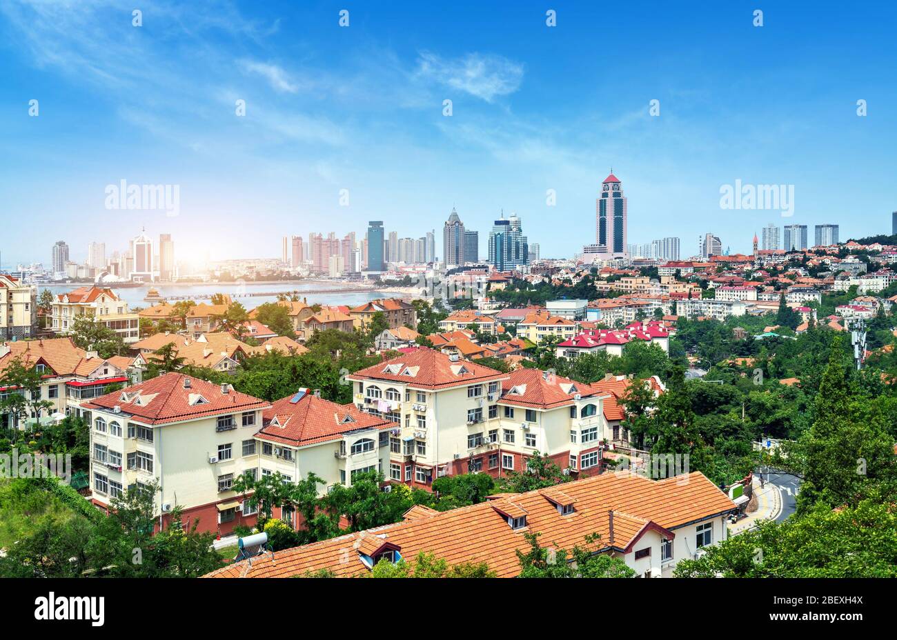 Bird's eye view of red roofs and cityscape, Qingdao, China Stock Photo ...