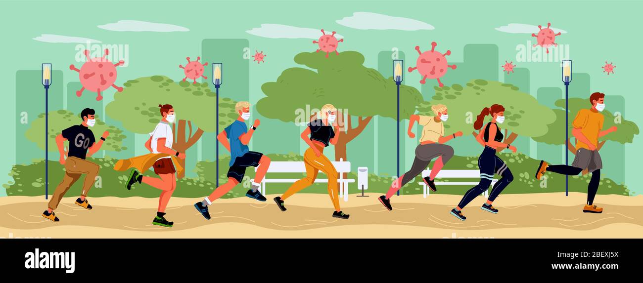Virus pandemic people crowd in mask running park Stock Vector Image ...