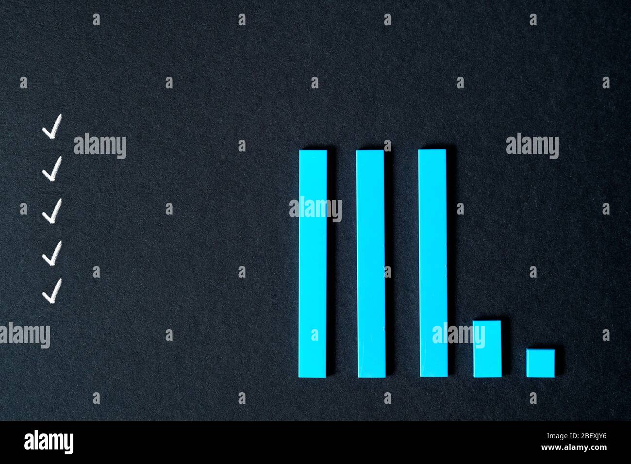 Bar graph of decline, worsening. Recession concept on black background ...
