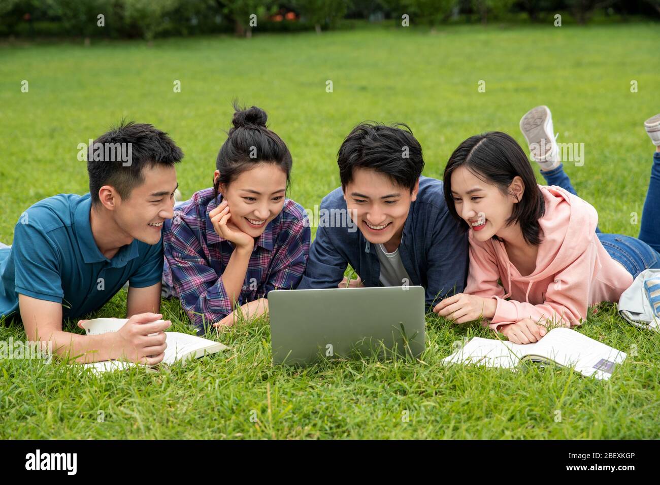 Happy learning of college students on grass Stock Photo - Alamy