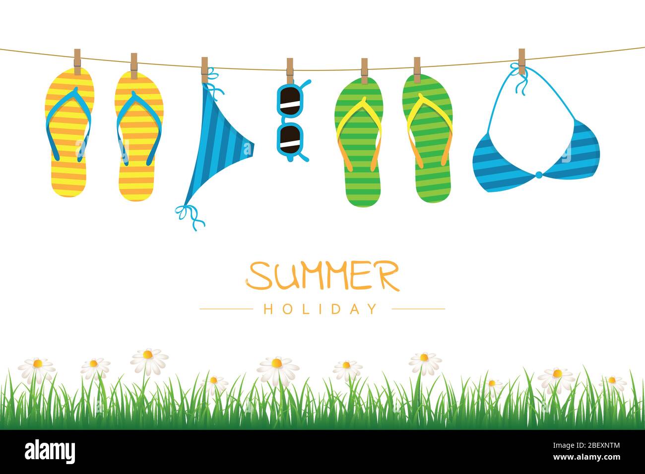 summer holiday striped flip flops bikini and sunglasses hang on a rope ...