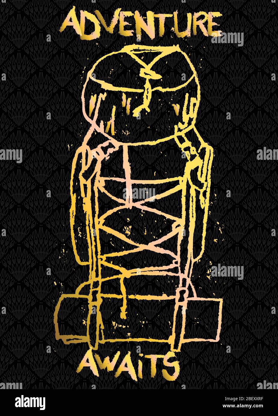 Abstract Adventure Awaits text with backpack. Vector illustrated crayon ...