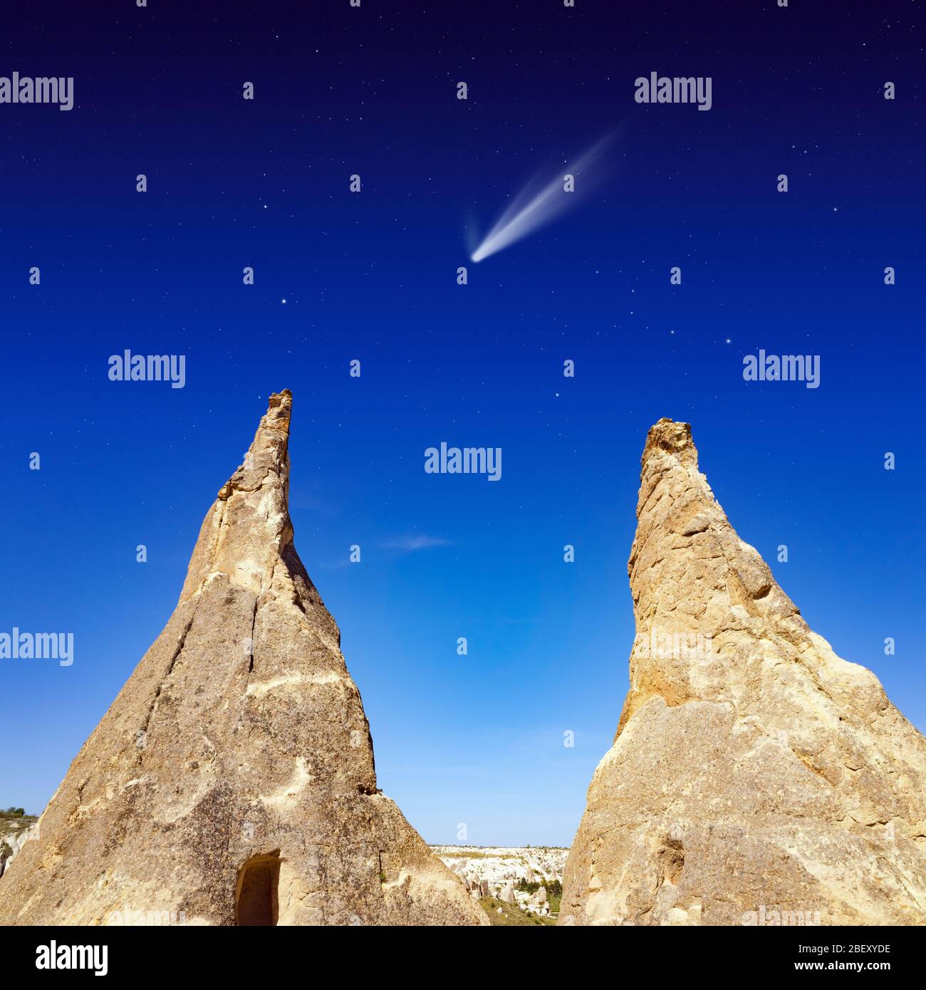 Amazing nature background - bright comet in dark blue sky with stars ...