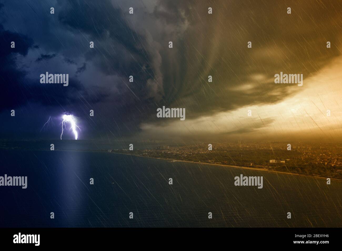 Weather forecast concept background, bright powerful lightning, huge ...