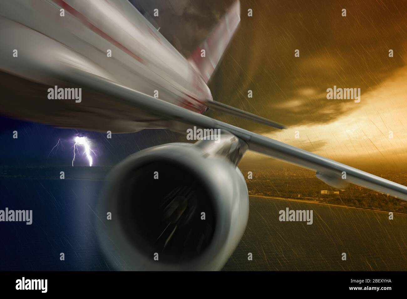 Jet very fast flying away from powerful lightning in dark stormy sky ...