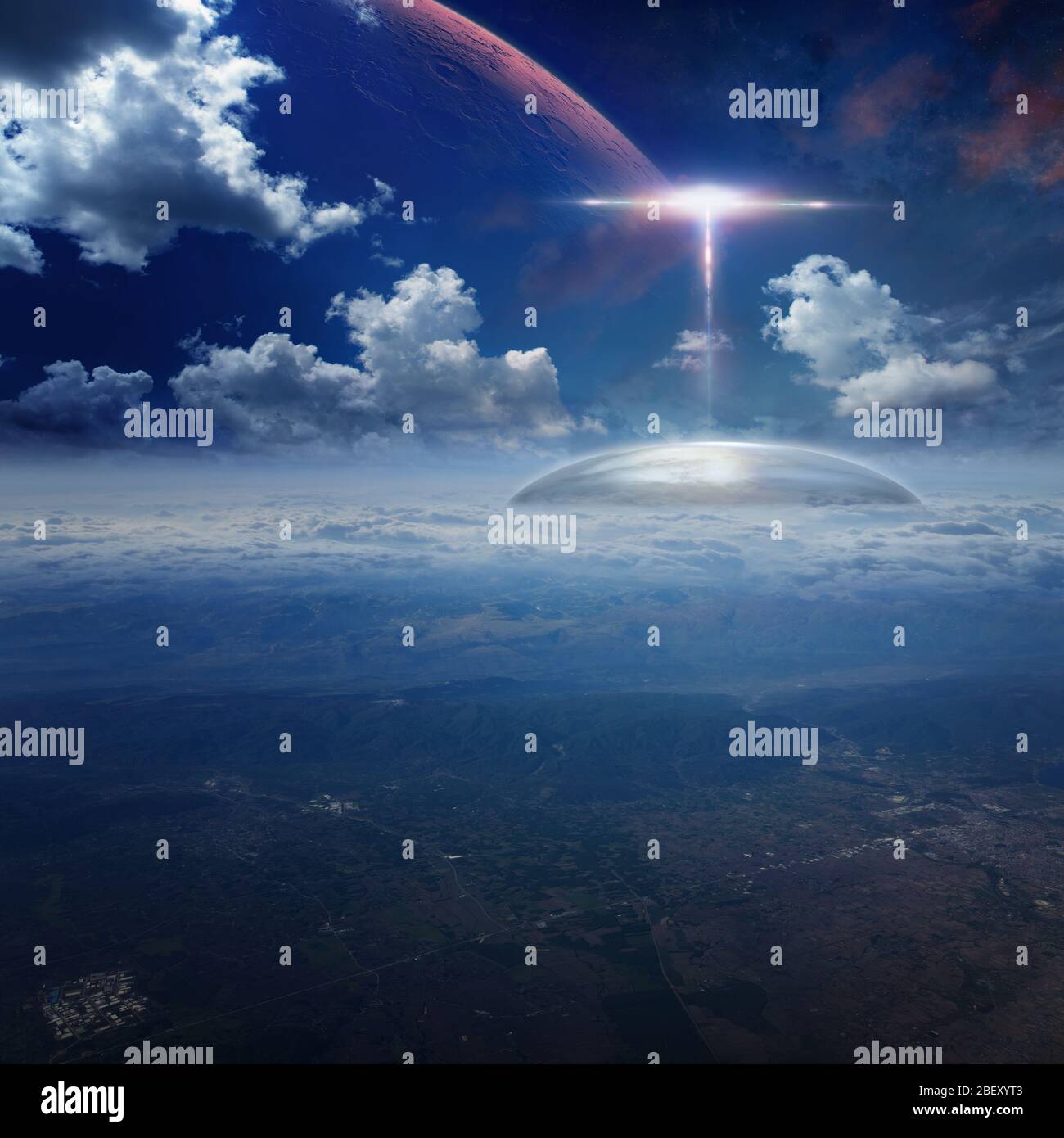 Fantastic background - alien base located on planet Earth, ufo flies ...