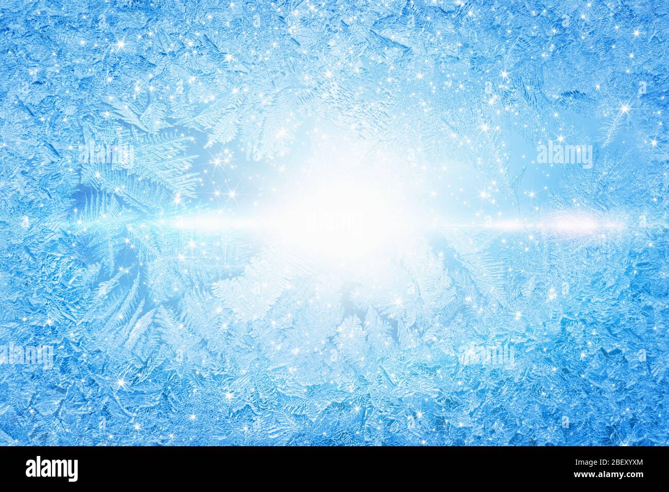 Blue winter background - frozen icy window glass, cold sunny weather ...