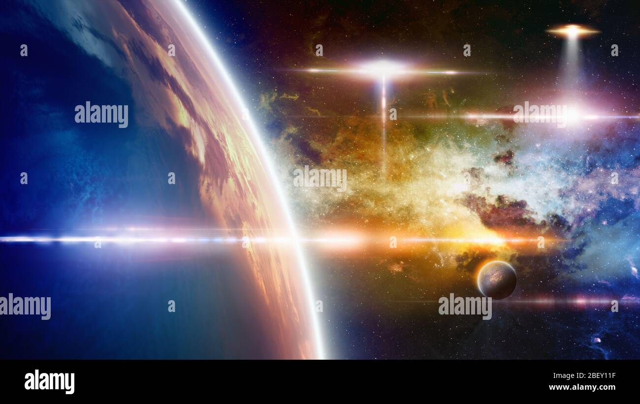 Abstract fantastic background - UFO approaches at planet Earth, glowing ...