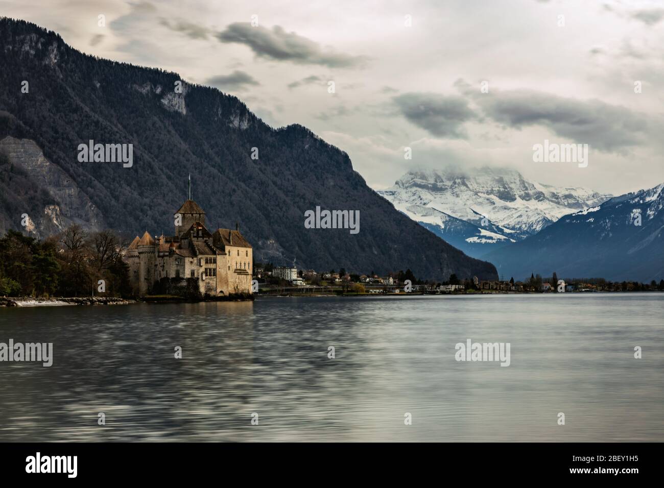 Chillon castle by the lake and the Alps - Veytaux Switzerland Stock ...