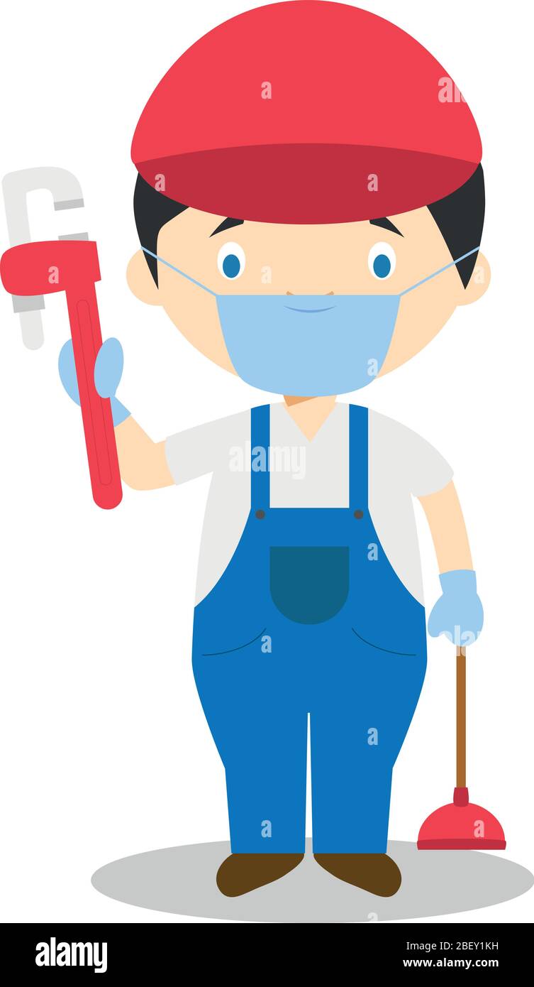 Cute cartoon vector illustration of a plumber with surgical mask and ...