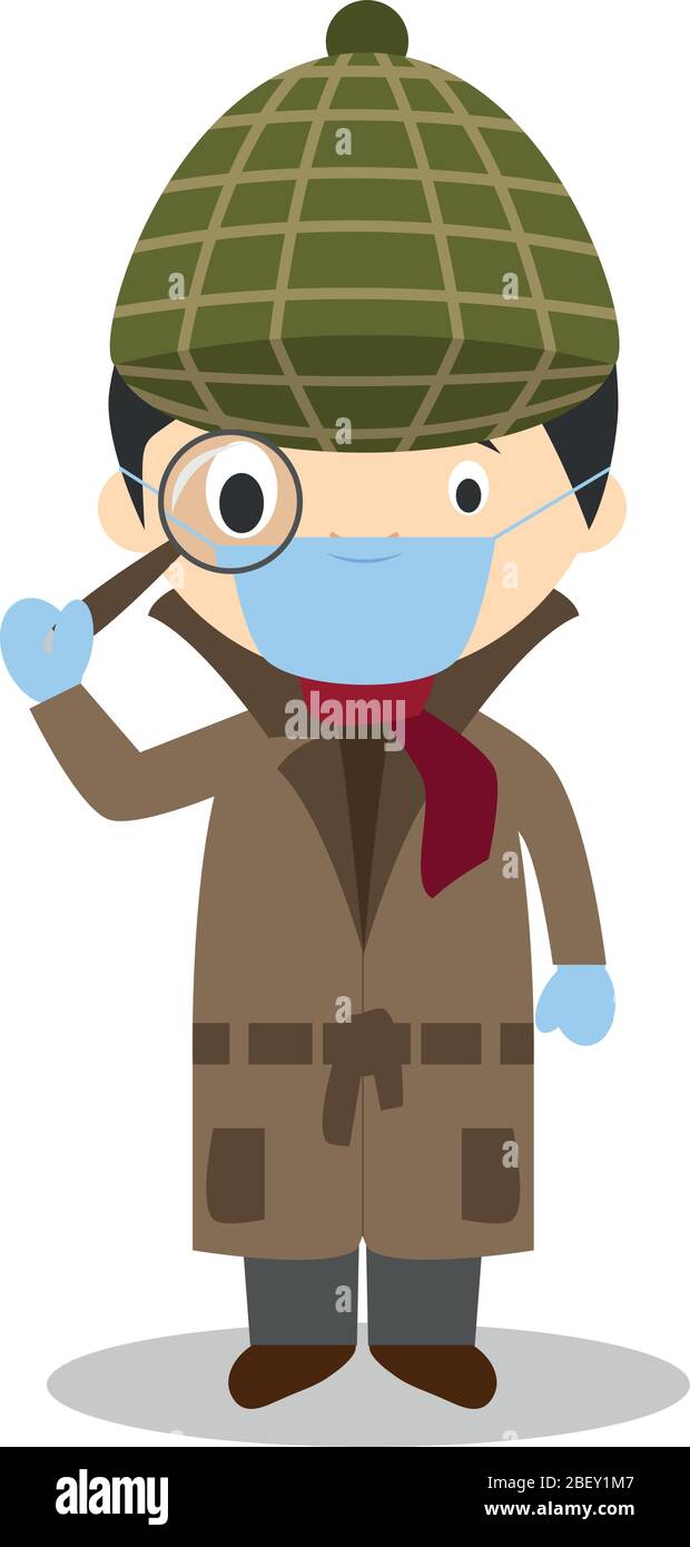 Cute cartoon vector illustration of a detective with surgical mask and ...