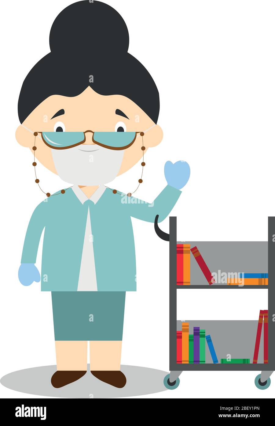Cute cartoon vector illustration of a librarian with surgical mask and ...