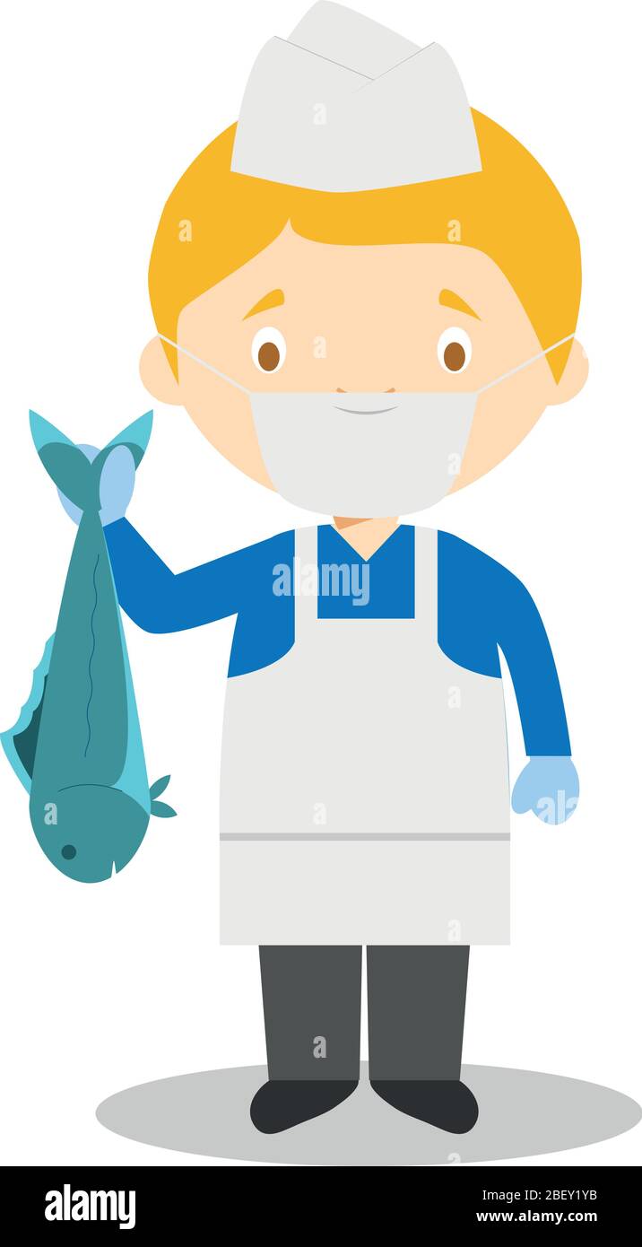 Cute cartoon vector illustration of a fishmonger with surgical mask and ...