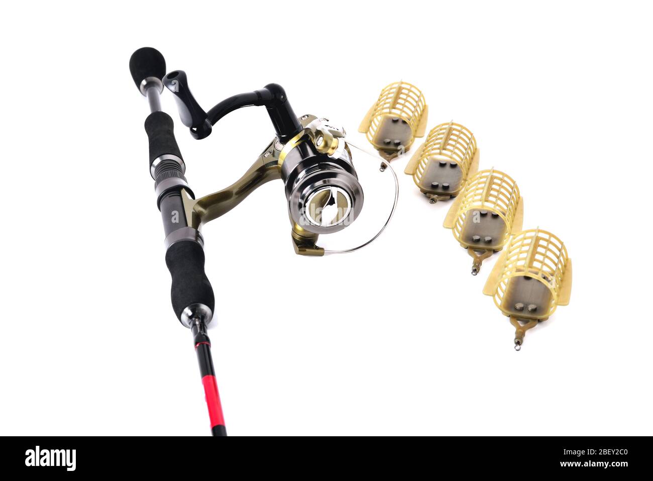 fishing rod and fishing trough on white background close-up place for ...