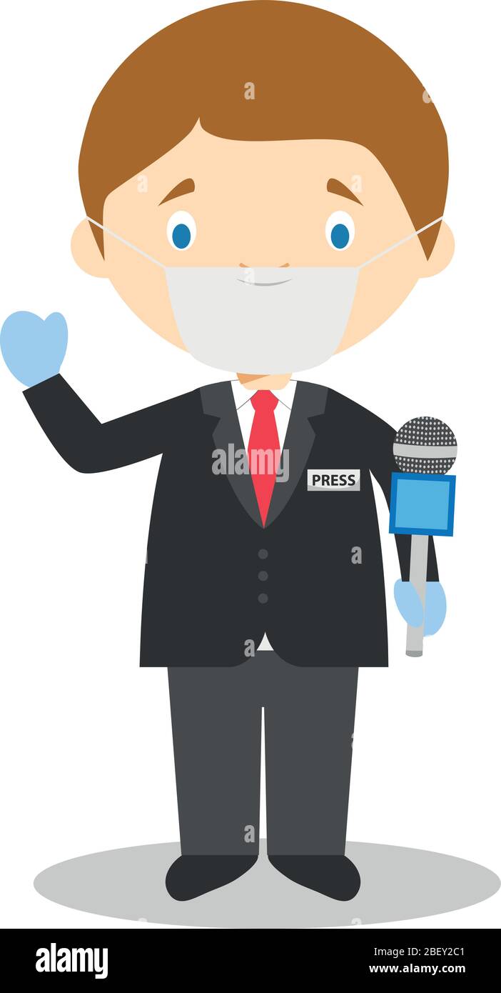 Cute cartoon vector illustration of a journalist with surgical mask and ...