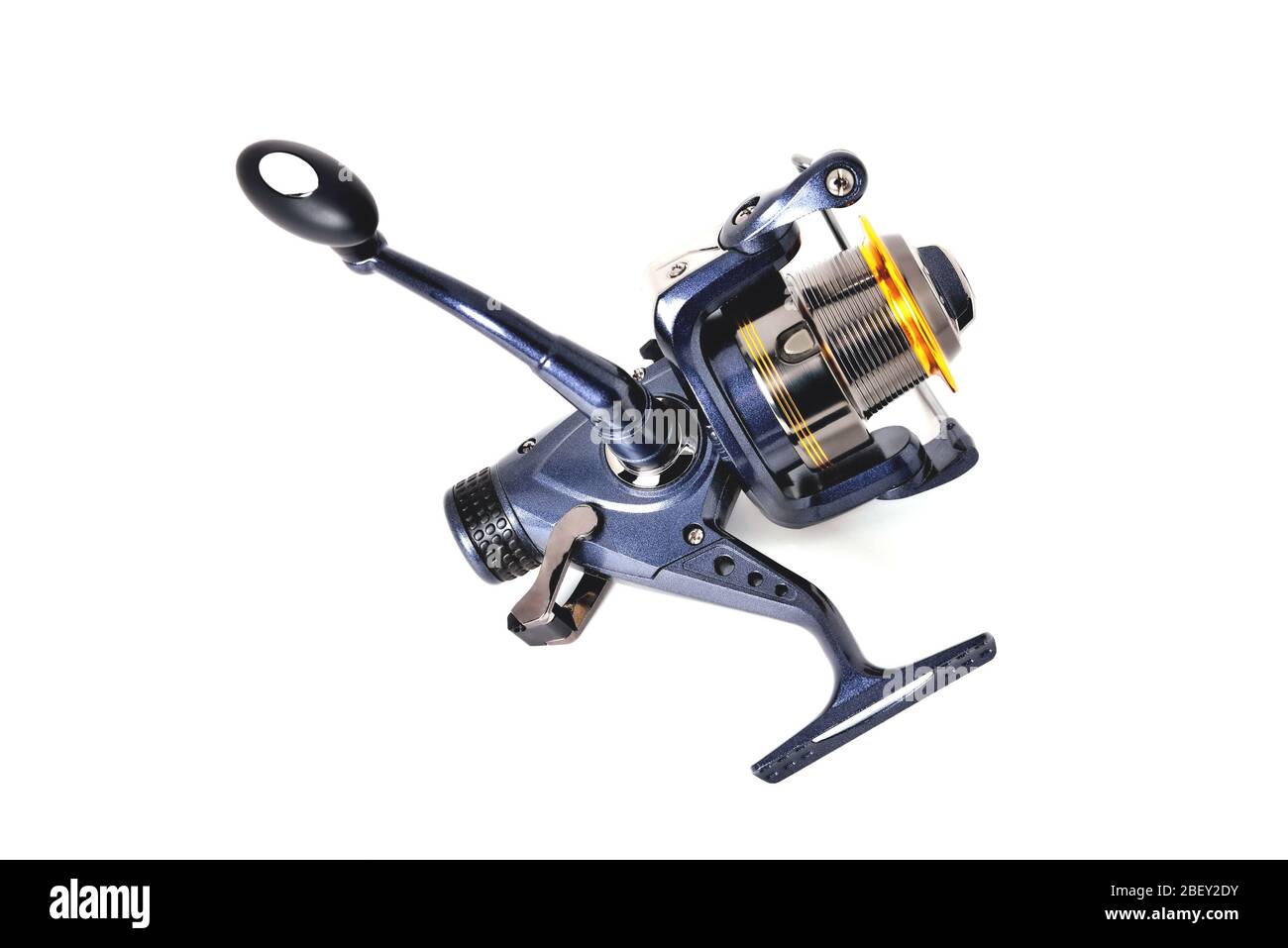 Coil for fishing inertial blue color on white background close-up ...
