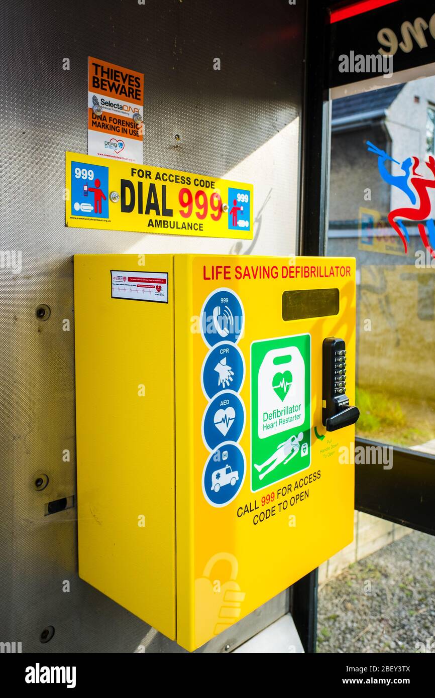 Defibrillator in Beetham inside old BT phone box UK Stock Photo - Alamy