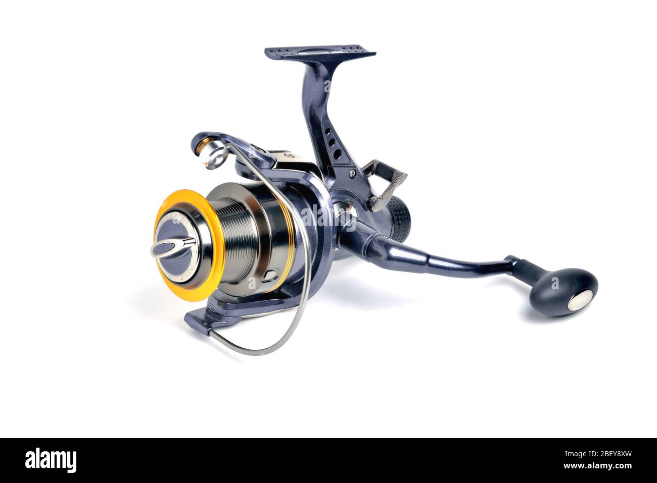 Coil for fishing inertial blue color on white background close-up ...