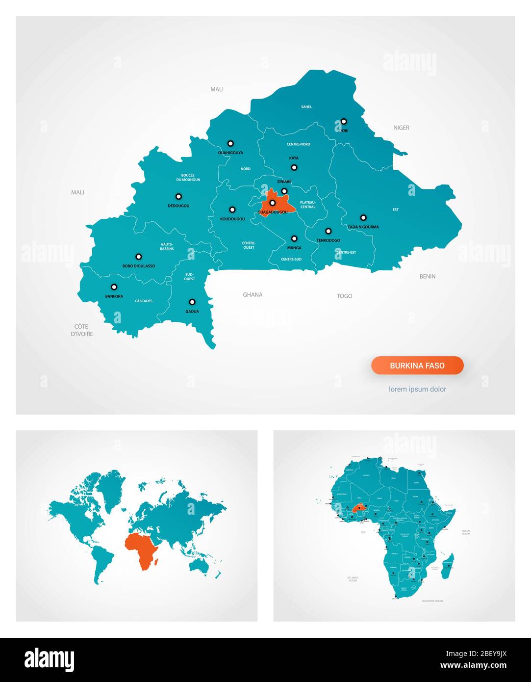 Editable template of map of Burkina Faso with marks. Burkina Faso on ...
