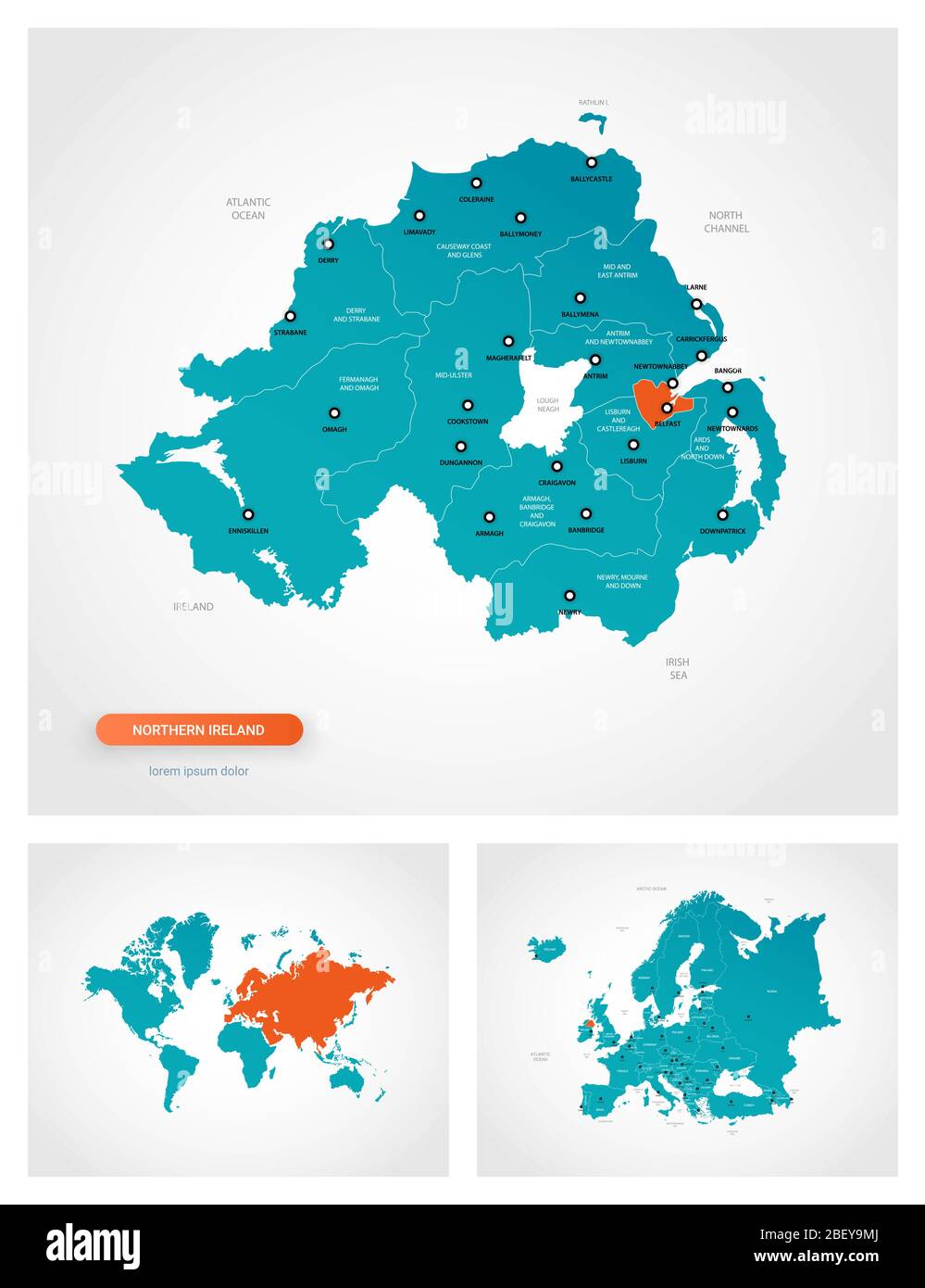 Editable template of map of Northern Ireland with marks. Northern ...