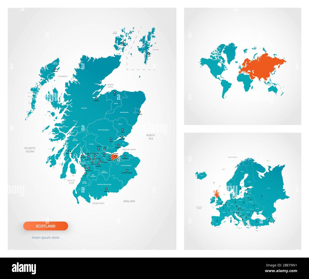 Editable template of map of Scotland with marks. Scotland on world map ...