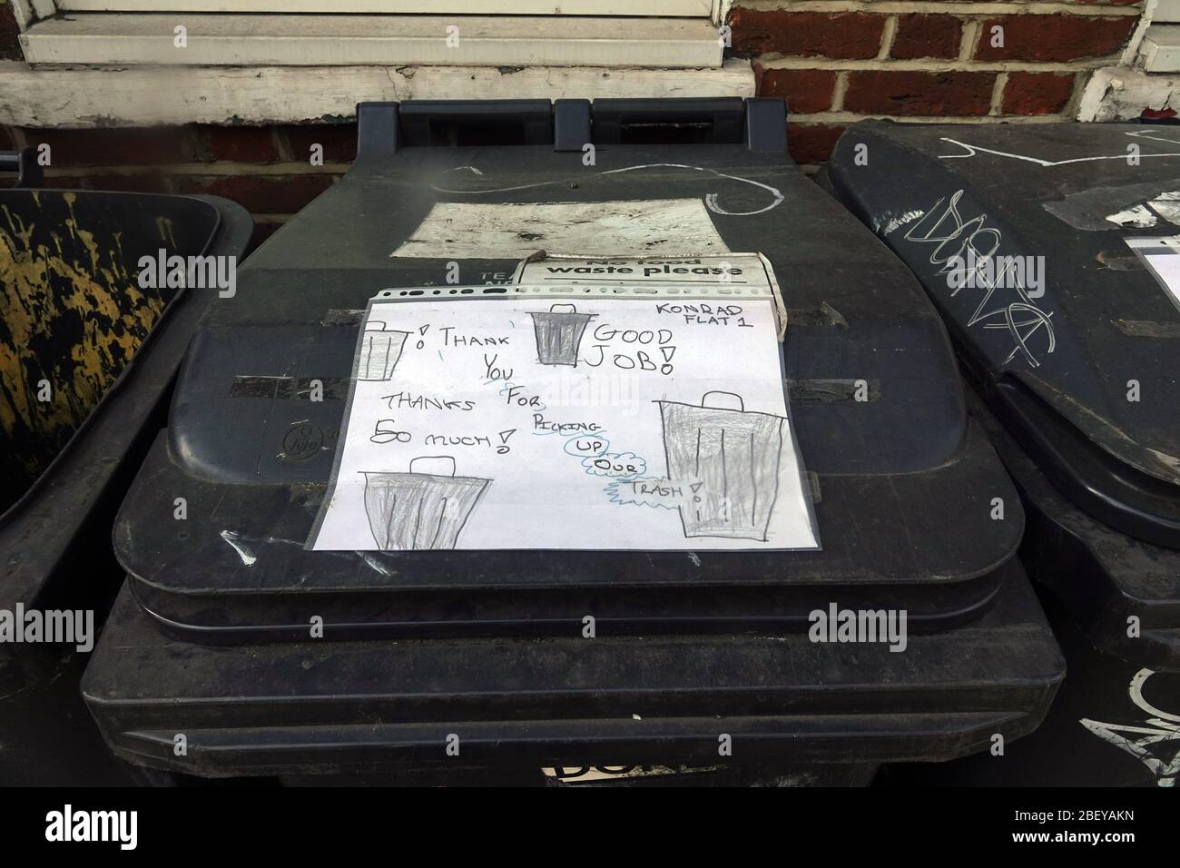 Pic shows: Thank you sign in Lambeth South London written on wheelie ...