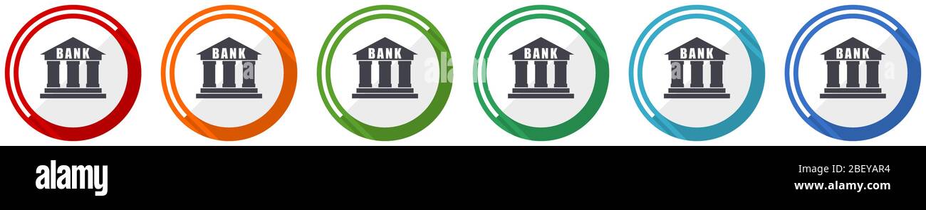 Bank icon set, flat design vector illustration in 6 colors options for ...