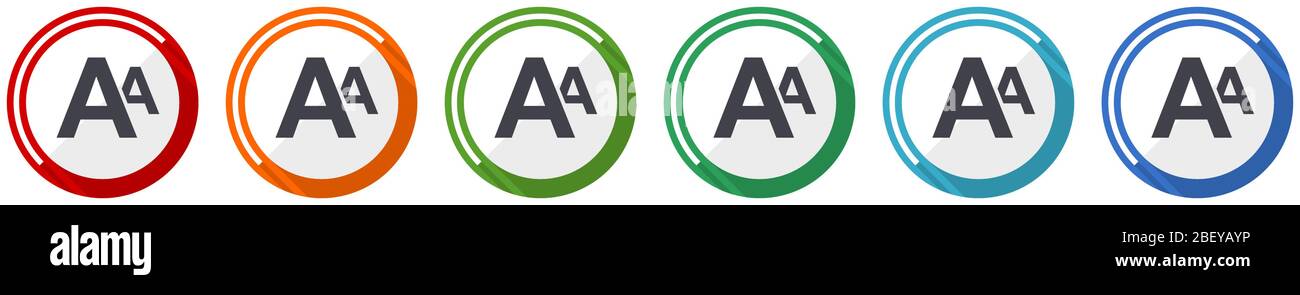 Alphabet icon set, flat design vector illustration in 6 colors options ...