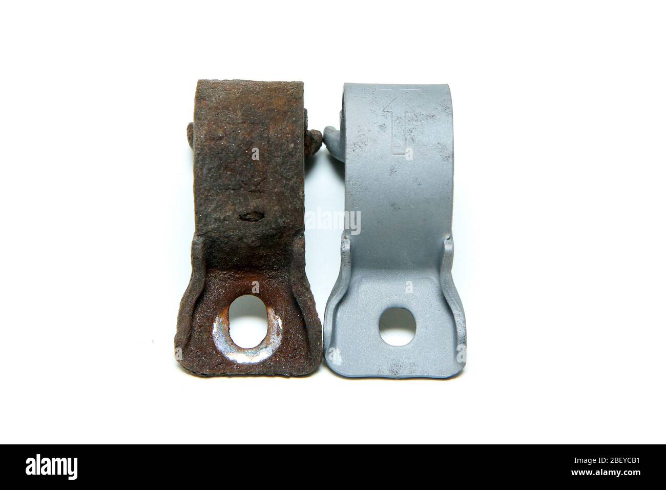 The overgrown rusty cast iron part compared with the same sand blasted ...